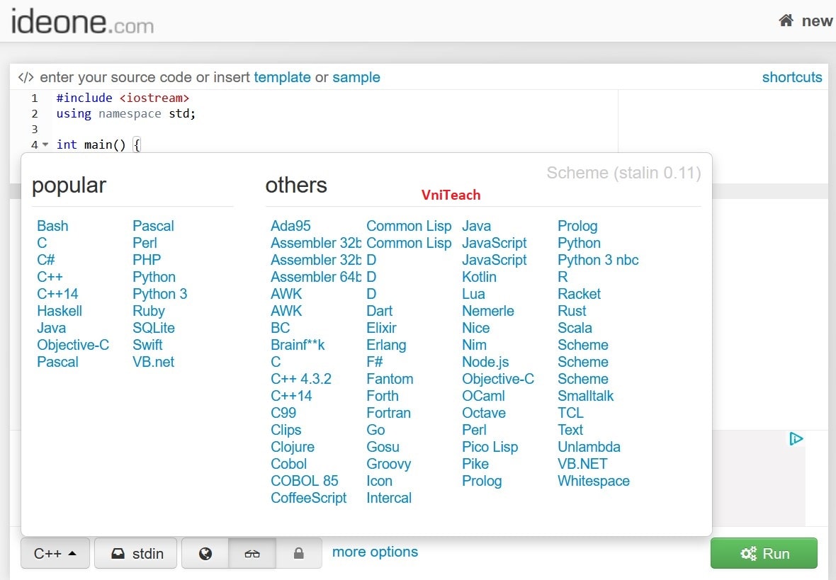 Chương trình dịch IDE online miễn phí mọi ngôn ngữ lập trình - VniTeach - Giáo viên 4.0